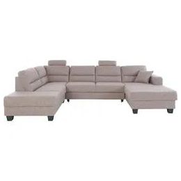 Wohnlandschaft Trendmanufaktur "Chamber, U-Form" Sofas Gr. B/H/T: 310cm x 85cm x 203cm, Struktur grob, Recamiere rechts, Mit Schlaffunktion, beige (portabella) inklusive zwei Kopfstützen, wahlweise mit Bettfunktion