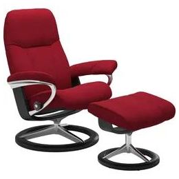 Relaxsessel stressless "Consul" Sessel Gr. ROHLEDER Stoff Q2 FARON, Signature Base Schwarz, BalanceAdaptTM-PlusTMSystem-Gleitsystem-Relaxfunktion-Drehfunktion-Kopfstützenverstellung-Rückteilverstellung, B/H/T: 91cm x 102cm x 79cm, rot (red q2 faron) mit Hocker, Signature Base, Größe L, Gestell Schwarz