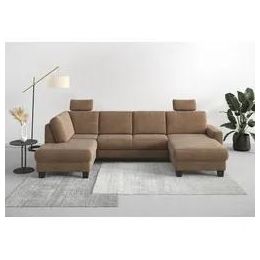 Wohnlandschaft Home Affaire "Summer U-Form" Sofas Gr. B/H/T: 314 cm x 91 cm x 170 cm, Breitcord, Recamiere rechts, ohne Bettfunktion-ohne Bettkasten-ohne Federkern, braun (latte) mit oder ohne Bettfunktion und Bettkasten, wengefarbene Holzfüße