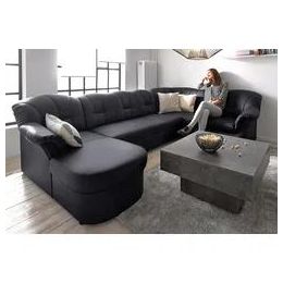 Wohnlandschaft DOMO collection "Papenburg U-Form" Sofas Gr. B/H/T: 297 cm x 84 cm x 180 cm, Kunstleder SOFTLUX, Recamiere links, mit Bettfunktion, schwarz in großer Farbvielfalt, wahlweise mit Bettfunktion