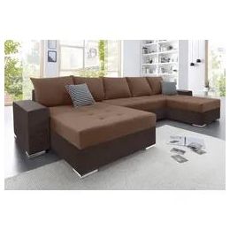 Wohnlandschaft Collection AB "Josy U-Form" Sofas Gr. B/H/T: 333cm x 84cm x 161cm, Microfaser PRIMABELLE, Recamiere beidseitig montierbar, XXL-mit Bettfunktion und Bettkasten, braun (braun/braun) inkl. Bettfunktion, Bettkasten und Zierkissen, mit XXL-Recamiere