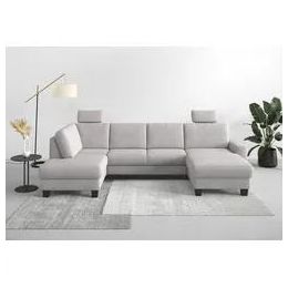 Wohnlandschaft Home Affaire "Summer U-Form" Sofas Gr. B/H/T: 314 cm x 91 cm x 170 cm, Feincord, Recamiere rechts, ohne Bettfunktion-ohne Bettkasten-ohne Federkern, silberfarben (silber) mit oder ohne Bettfunktion und Bettkasten, wengefarbene Holzfüße