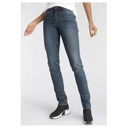 Slim-fit-Jeans Arizona "Bund mit seitlichem Gummizugeinsatz" Gr. 24, K + L Gr, blau (blau, used) Damen Jeans schmale Passform, Röhrenjeans, Used-Waschung, hohe Leibhöhe