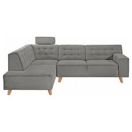 Ecksofa Tom Tailor HOME "NORDIC CHIC" Sofas Gr. B/H/T: 249cm x 77cm x 181cm, Samtstoff STC, Ottomane links, mit Sitztiefenverstellung-mit Nackenstütze, grau (basalt stc 9) mit Ottomane, wahlweise Sitzvorzug, Füße Buche natur