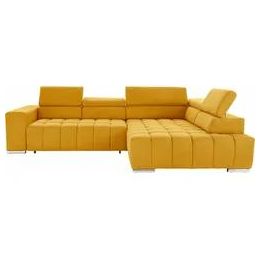 Ecksofa exxpo - SOFA FASHION "Elias, aktuelle Kreuzsteppung im Sitz, bequem, L-Form" Sofas Gr. B/H/T: 307cm x 94cm x 201cm, Webvelours, Ottomane rechts, mit Bettfunktion, gelb (mustard) mit Kopf- bzw. Rückenverstellung, wahlweise Bettfunktion