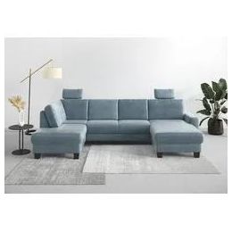 Wohnlandschaft Home Affaire "Summer U-Form" Sofas Gr. B/H/T: 314 cm x 91 cm x 170 cm, Breitcord, Recamiere rechts, ohne Bettfunktion-ohne Bettkasten-mit Federkern, blau (blau, grau) mit oder ohne Bettfunktion und Bettkasten, wengefarbene Holzfüße