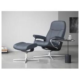 Relaxsessel stressless "Consul" Sessel Gr. Leder PALOMA, Cross Base Schwarz, S, Relaxfunktion-Drehfunktion-PlusTMSystem-Gleitsystem-BalanceAdaptTM, B/H/T: 78cm x 97cm x 70cm, blau (sparrow blue paloma) mit Hocker, Cross Base, Größe S, M & L, Holzakzent Schwarz