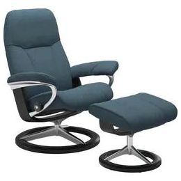 Relaxsessel stressless "Consul" Sessel Gr. ROHLEDER Stoff Q2 FARON, Signature Base Schwarz, BalanceAdaptTM-PlusTMSystem-Gleitsystem-Relaxfunktion-Drehfunktion-Kopfstützenverstellung-Rückteilverstellung, B/H/T: 91cm x 102cm x 79cm, blau (petrol q2 faron) mit Hocker, Signature Base, Größe L, Gestell Schwarz