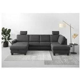 Wohnlandschaft Home Affaire "Summer U-Form" Sofas Gr. B/H/T: 314 cm x 91 cm x 170 cm, Breitcord, Recamiere links, mit Bettfunktion-mit Bettkasten-ohne Federkern, grau mit oder ohne Bettfunktion und Bettkasten, wengefarbene Holzfüße