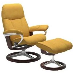 Relaxsessel stressless "Consul" Sessel Gr. ROHLEDER Stoff Q2 FARON, Signature Base Braun, BalanceAdaptTM-PlusTMSystem-Gleitsystem-Relaxfunktion-Drehfunktion-Kopfstützenverstellung-Rückteilverstellung, B/H/T: 82cm x 102cm x 72cm, gelb (yellow q2 faron) mit Hocker, Signature Base, Größe M, Gestell Braun