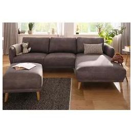 Ecksofa Home Affaire "Ida L-Form" Sofas Gr. B/H/T: 280cm x 86cm x 165cm, Luxus-Microfaser, Recamiere rechts, braun (dunkelbraun) mit Holzfüßen und Armlehnen-Polsterung