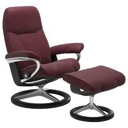 Relaxsessel stressless "Consul" Sessel Gr. Leder BATICK, Signature Base Schwarz, BalanceAdaptTM-PlusTMSystem-Gleitsystem-Relaxfunktion-Drehfunktion-Kopfstützenverstellung-Rückteilverstellung, B/H/T: 91cm x 102cm x 79cm, rot (bordeaux batick) mit Hocker, Signature Base, Größe L, Gestell Schwarz