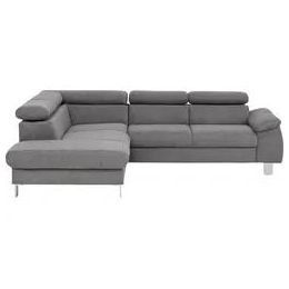 Ecksofa COTTA "Komaris L-Form" Sofas Gr. B/H/T: 249cm x 72cm x 100cm, Feinstruktur, Ottomane links, mit Bettfunktion-mit Bettkasten-ohne RGB-LED-Beleuchtung-mit Kopfteilverstellung, grau inklusive Kopf- bzw. Rückenverstellung, wahlweise Bettfunktion