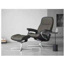 Relaxsessel stressless "Consul" Sessel Gr. Leder PALOMA, Cross Base Schwarz, L, Relaxfunktion-Drehfunktion-PlusTMSystem-Gleitsystem-BalanceAdaptTM, B/H/T: 91cm x 102cm x 79cm, grau (metal grey paloma) mit Hocker, Cross Base, Größe S, M & L, Holzakzent Schwarz