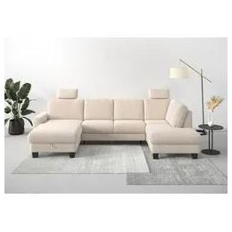 Wohnlandschaft Home Affaire "Summer U-Form" Sofas Gr. B/H/T: 314 cm x 91 cm x 170 cm, Breitcord, Recamiere links, mit Bettfunktion-mit Bettkasten-ohne Federkern, beige (creme) mit oder ohne Bettfunktion und Bettkasten, wengefarbene Holzfüße