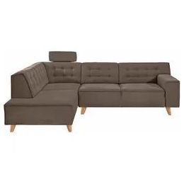 Ecksofa Tom Tailor HOME "NORDIC CHIC" Sofas Gr. B/H/T: 249cm x 77cm x 181cm, Samtstoff STC, Ottomane links, ohne Sitztiefenverstellung-mit Nackenstütze, braun (wood stc 4) mit Ottomane, wahlweise Sitzvorzug, Füße Buche natur