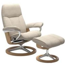 Relaxsessel stressless "Consul" Sessel Gr. Struktur fein JASMINE, Signature Base Eiche, BalanceAdaptTM-PlusTMSystem-Gleitsystem-Relaxfunktion-Drehfunktion-Kopfstützenverstellung-Rückteilverstellung, B/H/T: 78cm x 97cm x 70cm, beige (beige jasmine) mit Hocker, Signature Base, Größe S, Gestell Eiche