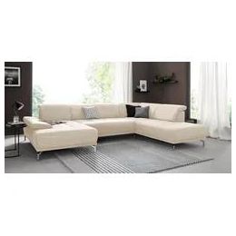 Wohnlandschaft Places of Style "Caluna U-Form" Sofas Gr. B/H/T: 332cm x 81cm x 234cm, Struktur flausch, Recamiere links, beige (creme) mit Sitztiefen- und Kopfteilverstellung