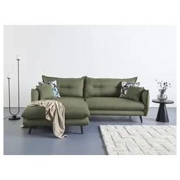 Ecksofa Inosign "Lazio" Sofas Gr. B/H/T: 255cm x 94cm x 180cm, Struktur fein, Recamiere links, grün (grün, zierkissen blumenmuster) zwei verschiedene Fußfarben wählbar