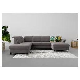 Sit & More Wohnlandschaft SIT & MORE "Maggiore U-Form" Sofas Gr. B/T: 312 cm x 224 cm, Struktur, Ottomane links, mit Kopfteilverstellung-ohne Bettfunktion-ohne Stauraum-Fussfarbe: Nickel satiniert, grau (fango) wahlweise mit Kopfteilverstellung, Bettfunktion und Stauraum