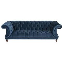 Chesterfield-Sofa Max Winzer "Isabelle" Sofas Gr. B/H/T: 253cm x 80cm x 100cm, Samtvelours 20442, blau (petrol) Knopfheftung & gedrechselten Füßen in Buche Nussbaum, Breite 260 cm