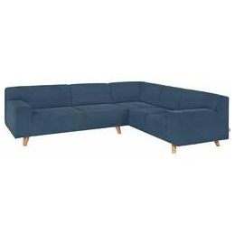 Ecksofa Tom Tailor HOME "NORDIC PURE" Sofas Gr. B/H/T: 269cm x 77cm x 226cm, Samtstoff STC, langer Schenkel links, blau (ink blue stc 6) im Retrolook, Füße Buche natur