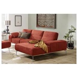 Ecksofa W.Schillig "run" Sofas Gr. B/H/T: 319cm x 88cm x 178cm, Stoff S37, Recamiere rechts, mit Sitztiefenverstellung, rot (marsala s37) mit elegantem Holzsockel, Füße in Chrom glänzend, Breite 319 cm