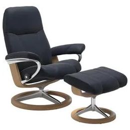 Relaxsessel stressless "Consul" Sessel Gr. Leder PALOMA, Signature Base Eiche, BalanceAdaptTM-PlusTMSystem-Gleitsystem-Relaxfunktion-Drehfunktion-Kopfstützenverstellung-Rückteilverstellung, B/H/T: 82cm x 102cm x 72cm, blau (shadow blue paloma) mit Hocker, Signature Base, Größe M, Gestell Eiche