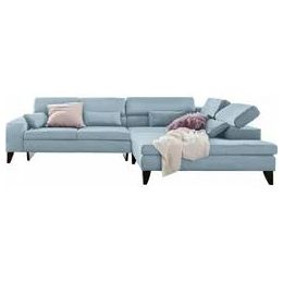 Ecksofa Gallery M BRANDED BY MUSTERRING "Felicia L-Form" Sofas Gr. B/H/T: 309cm x 69cm x 215cm, Flachgewebe FLORIS, Ottomane rechts, ohne Sitzvorzug, blau (light floris) mit Holzfuß, wahlweise manuellem oder motorischem Sitzvorzug