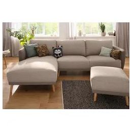 Ecksofa Home Affaire "Ida L-Form" Sofas Gr. B/H/T: 280cm x 86cm x 165cm, Struktur, Recamiere links, braun (braunbeige) mit Holzfüßen und Armlehnen-Polsterung