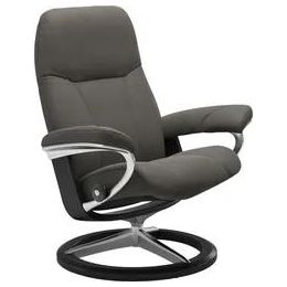 Relaxsessel stressless "Consul" Sessel Gr. Leder PALOMA, Signature Base Schwarz, BalanceAdaptTM-PlusTMSystem-Gleitsystem-Relaxfunktion-Drehfunktion-Kopfstützenverstellung-Rückteilverstellung, B/H/T: 82cm x 102cm x 72cm, grau (metal grey paloma) mit Signature Base, Größe M, Gestell Schwarz