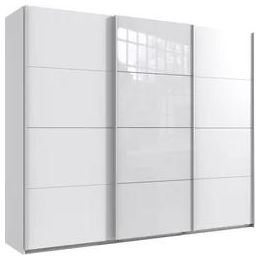 Schwebetürenschrank wimex "Norderstedt" Schränke Gr. B/H/T: 270 cm x 236 cm x 64 cm, 3 St., weiß (weiß, glas weiß) INKLUSIVE 2 Stoffboxen und zusätzliche Einlegeböden, mit Glastür