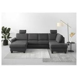 Wohnlandschaft Home Affaire "Summer U-Form" Sofas Gr. B/H/T: 314 cm x 91 cm x 170 cm, Breitcord, Recamiere links, ohne Bettfunktion-ohne Bettkasten-mit Federkern, grau mit oder ohne Bettfunktion und Bettkasten, wengefarbene Holzfüße