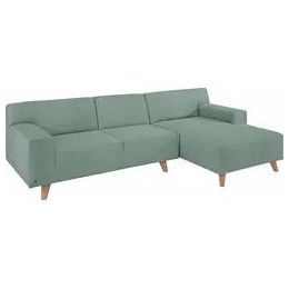 Ecksofa Tom Tailor HOME "NORDIC PURE" Sofas Gr. B/H/T: 266cm x 77cm x 151cm, Samtstoff STC, Recamiere rechts, grün (celadon stc 3) mit Recamiere, im Retrolook, Füße Buche natur