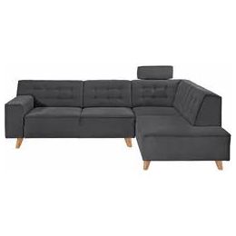 Ecksofa Tom Tailor HOME "NORDIC CHIC" Sofas Gr. B/H/T: 249cm x 77cm x 181cm, Samtstoff STC, Ottomane rechts, ohne Sitztiefenverstellung-mit Nackenstütze, schwarz (tarmac stc 19) mit Ottomane, wahlweise Sitzvorzug, Füße Buche natur