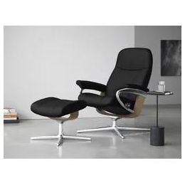 Relaxsessel stressless "Consul" Sessel Gr. Leder PALOMA, Cross Base Eiche, S, Relaxfunktion-Drehfunktion-PlusTMSystem-Gleitsystem-BalanceAdaptTM, B/H/T: 78cm x 97cm x 70cm, schwarz (black paloma) mit Hocker, Cross Base, Größe S, M & L, Holzakzent Eiche