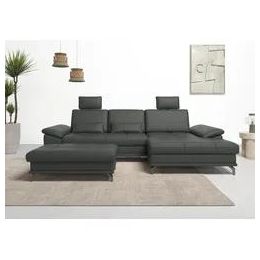 Ecksofa Places of Style "Costello L-Form, mit Sitztiefenverstellung, Armteilverstellung und" Sofas Gr. B/H/T: 301cm x 89cm x 176cm, Material, Recamiere rechts, ohne Bettfunktion-ohne Bettkasten, grau (anthrazit) 3 Nierenkissen, optional Bettfunktion und Bettkasten