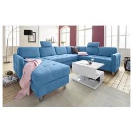 Sit & More Wohnlandschaft SIT & MORE "Pablo U-Form" Sofas Gr. B/H/T: 292cm x 80cm x 87cm, Luxus-Microfaser, Recamiere links, mit Bettfunktion, blau (hellblau) wahlweise mit Bettfunktion und Bettkasten