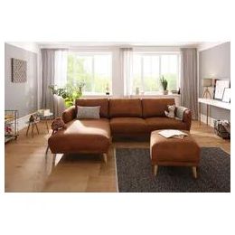 Ecksofa Home Affaire "Ida L-Form" Sofas Gr. B/H/T: 280cm x 86cm x 165cm, Luxus-Microfaser, Recamiere links, braun (cognac) mit Holzfüßen und Armlehnen-Polsterung