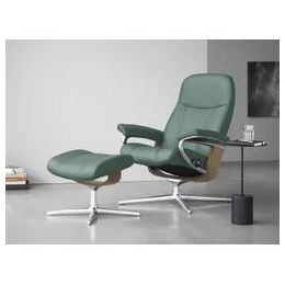 Relaxsessel stressless "Consul" Sessel Gr. Leder PALOMA, Cross Base Eiche, L, Relaxfunktion-Drehfunktion-PlusTMSystem-Gleitsystem-BalanceAdaptTM, B/H/T: 91cm x 102cm x 79cm, grün (aqua green paloma) mit Hocker, Cross Base, Größe S, M & L, Holzakzent Eiche