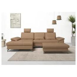 Ecksofa Places of Style "Costello L-Form, mit Sitztiefenverstellung, Armteilverstellung und" Sofas Gr. B/H/T: 301cm x 89cm x 176cm, Material, Recamiere links, ohne Bettfunktion-ohne Bettkasten, braun (cappucino) 3 Nierenkissen, optional Bettfunktion und Bettkasten