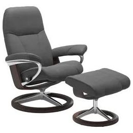 Relaxsessel stressless "Consul" Sessel Gr. Leder BATICK, Signature Base Wenge, BalanceAdaptTM-PlusTMSystem-Gleitsystem-Relaxfunktion-Drehfunktion-Kopfstützenverstellung-Rückteilverstellung, B/H/T: 91cm x 102cm x 79cm, grau (grey batick) mit Hocker, Signature Base, Größe L, Gestell Wenge