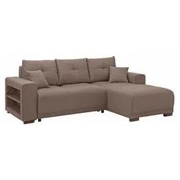 Ecksofa Home Affaire "Viborg L-Form" Sofas Gr. B/H/T: 234cm x 91cm x 162cm, Struktur fein, Recamiere rechts, mit Bettfunktion-mit Bettkasten, braun mit Regal in der Armlehne, wahlweise Bettfunktion