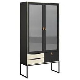 Vitrine Andas "Stubbe", schwarz, B:98,7cm H:189cm T:40cm, Spanplatte, Schränke, Glasvitrine mit zwei Rahmentüren, 3 Schubkästen, Leder-Griffe