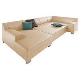 Wohnlandschaft DOMO collection "Amando U-Form" Sofas Gr. B/H/T: 332cm x 74cm x 182cm, NaturLEDER, Recamiere links, mit Bettfunktion, beige (sand) wahlweise mit Bettfunktion, frei im Raum stellbar