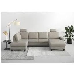 Wohnlandschaft Home Affaire "Summer U-Form" Sofas Gr. B/H/T: 314 cm x 91 cm x 170 cm, Feincord, Recamiere rechts, ohne Bettfunktion-ohne Bettkasten-ohne Federkern, grau (steel) mit oder ohne Bettfunktion und Bettkasten, wengefarbene Holzfüße