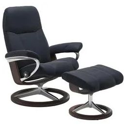 Relaxsessel stressless "Consul" Sessel Gr. Leder PALOMA, Signature Base Wenge, BalanceAdaptTM-PlusTMSystem-Gleitsystem-Relaxfunktion-Drehfunktion-Kopfstützenverstellung-Rückteilverstellung, B/H/T: 91cm x 102cm x 79cm, blau (shadow blue paloma) mit Hocker, Signature Base, Größe L, Gestell Wenge