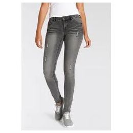 Skinny-fit-Jeans Arizona "mit Kontrastnähten und Pattentaschen" Gr. 38, N-Gr, grau (dark grey-used) Damen Jeans lange Beinform, mit Destroyed-Effekten, niedrige Leibhöhe