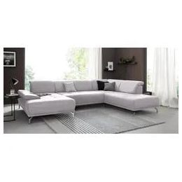 Wohnlandschaft Places of Style "Caluna U-Form" Sofas Gr. B/H/T: 332cm x 81cm x 234cm, Struktur flausch, Recamiere links, silberfarben (silber) mit Sitztiefen- und Kopfteilverstellung