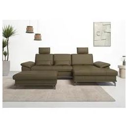 Ecksofa Places of Style "Costello L-Form, mit Sitztiefenverstellung, Armteilverstellung und" Sofas Gr. B/H/T: 301cm x 89cm x 176cm, Material, Recamiere rechts, ohne Bettfunktion-ohne Bettkasten, grün (olive) 3 Nierenkissen, optional Bettfunktion und Bettkasten